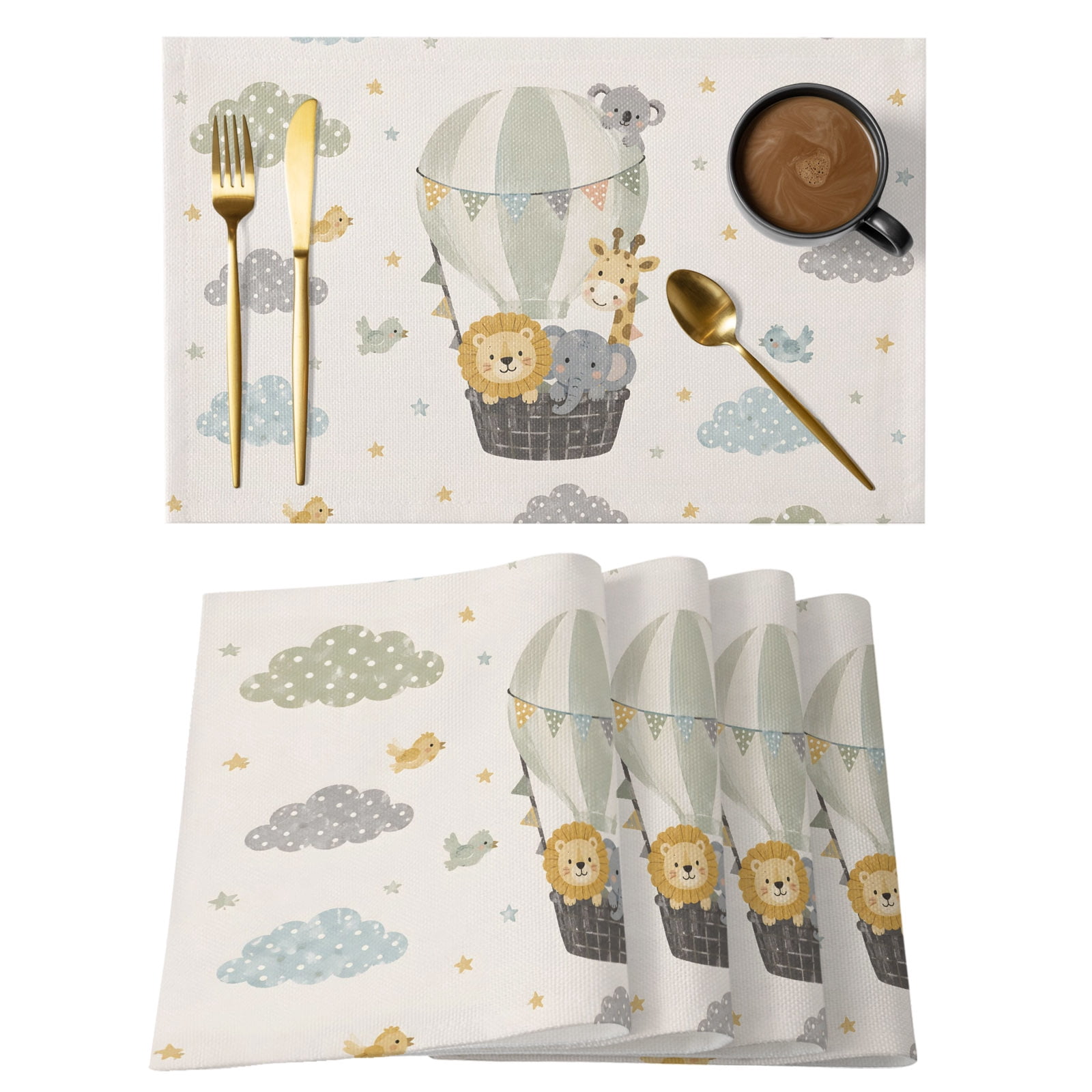Cartoon Animal Cotton Linen Placemats Set of 6, Hot Air Balloon Lion ...