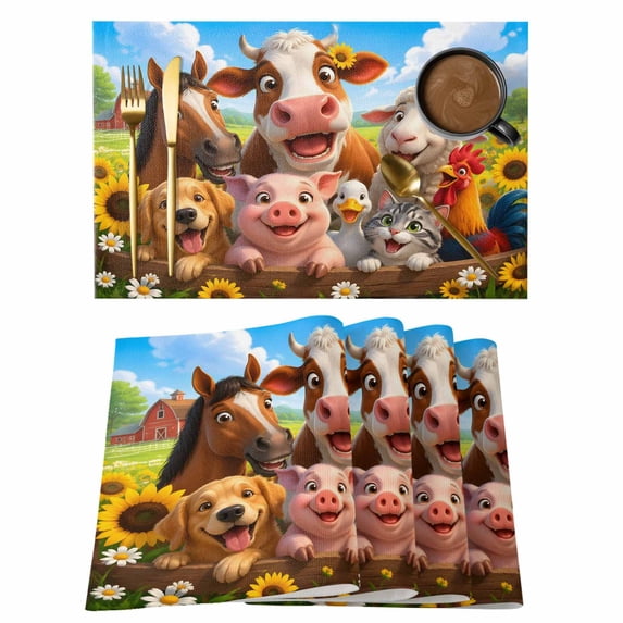 Cartoon Animal Cotton Linen Placemats Set of 8, Cow Sheep Horse Pig ...