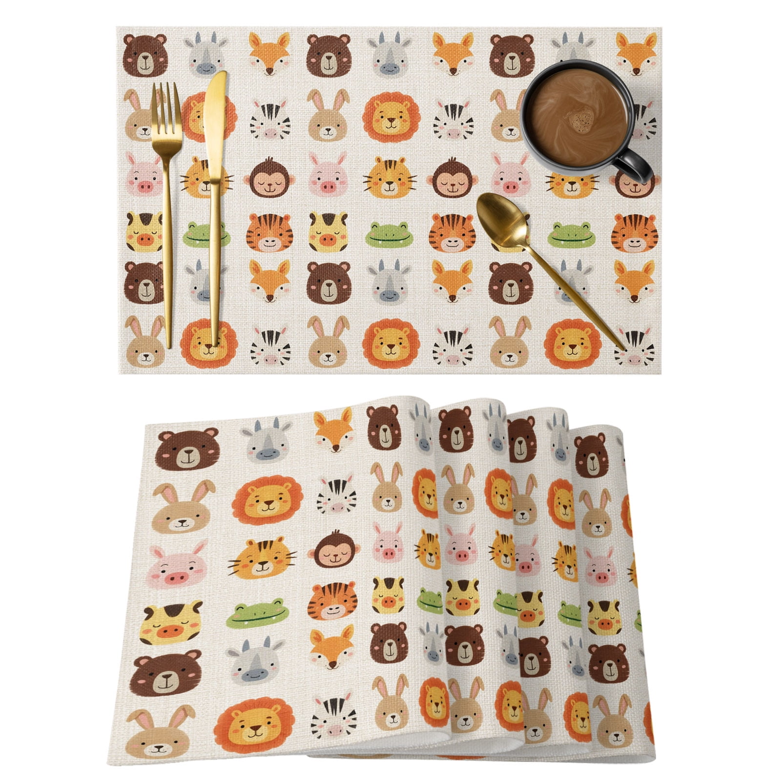 Cartoon Animal Cotton Linen Placemats Set of 8, Lion Tiger Monkey Zebra ...