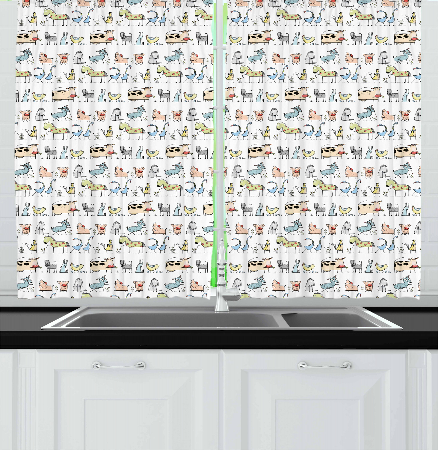 Cartoon Animal Curtains 2 Panels Set, Funny Cartoon Village Countryside ...