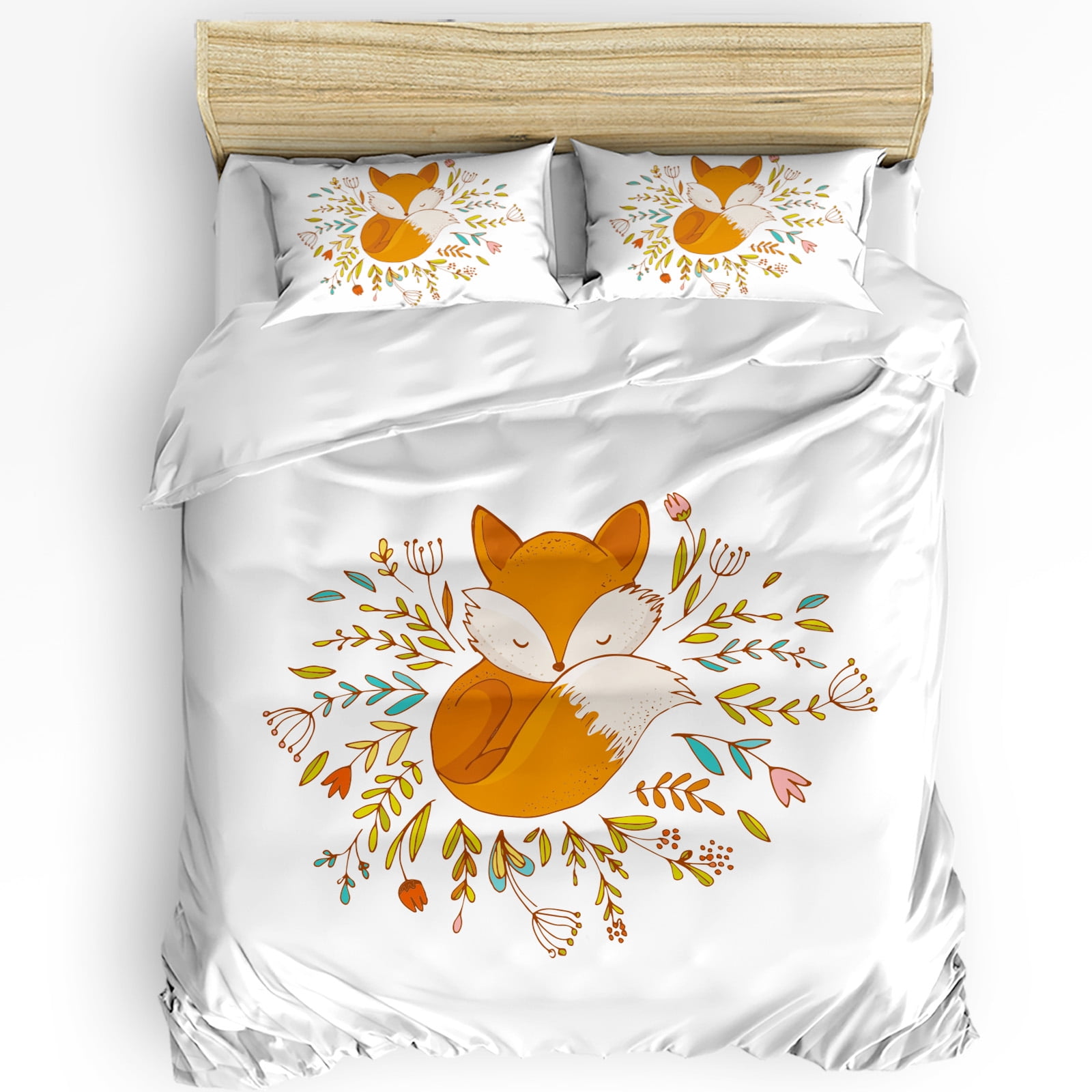 Cartoon Animal Cute Fox Flower White 3pcs Duvet Cover Set with Pillow ...