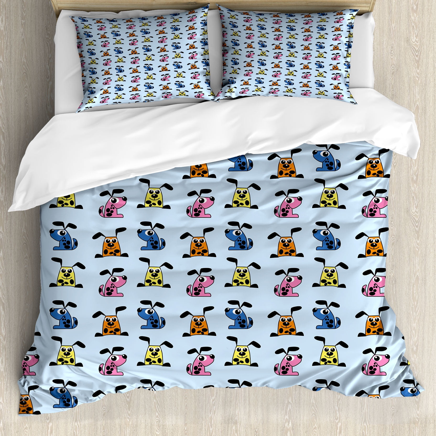 Cartoon Animal Duvet Cover Set, Colorful Big Eyed Smiling Dogs ...