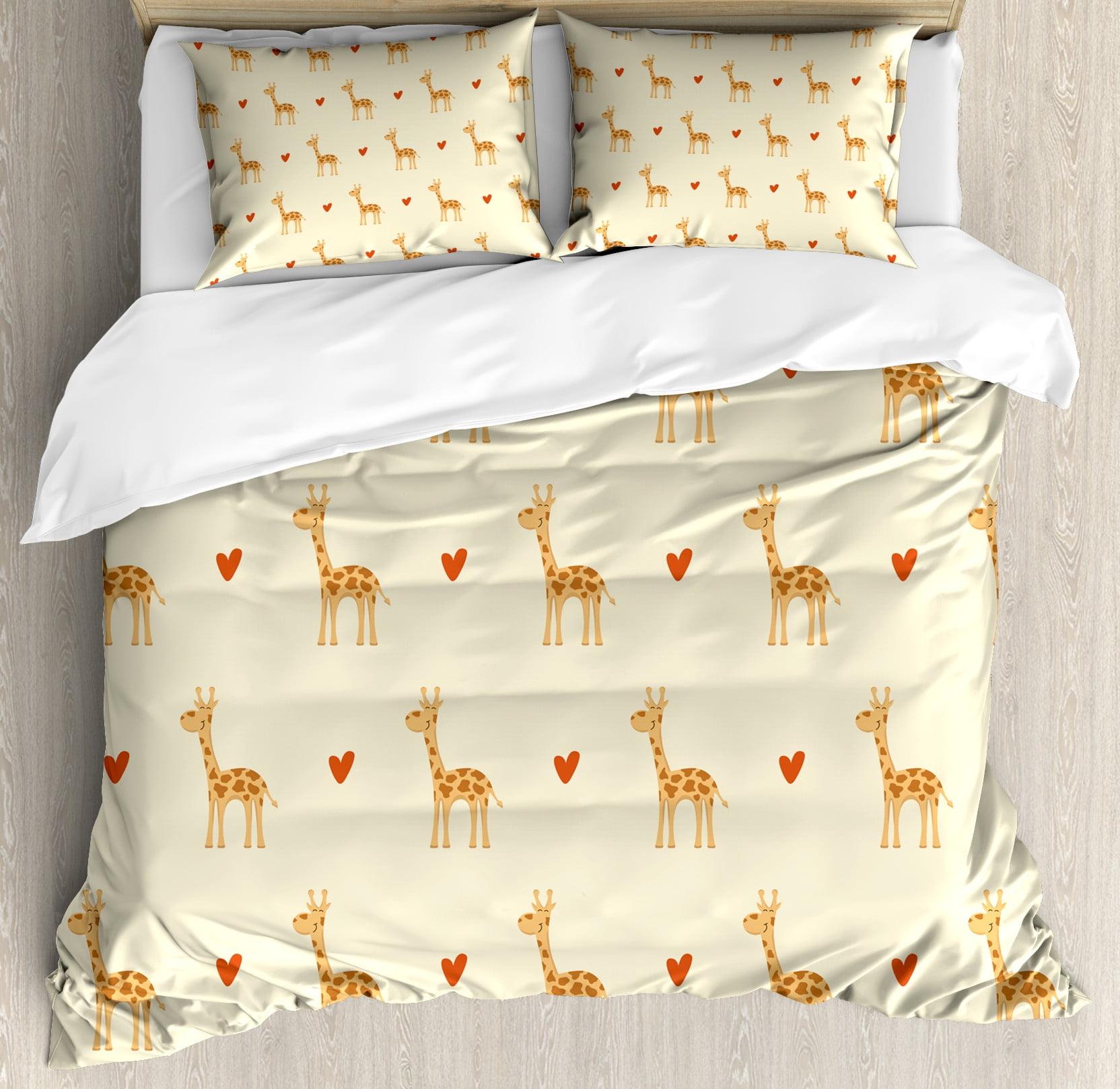 Cartoon Animal Duvet Cover Set, Smiling Giraffes Heart Shapes in Style ...