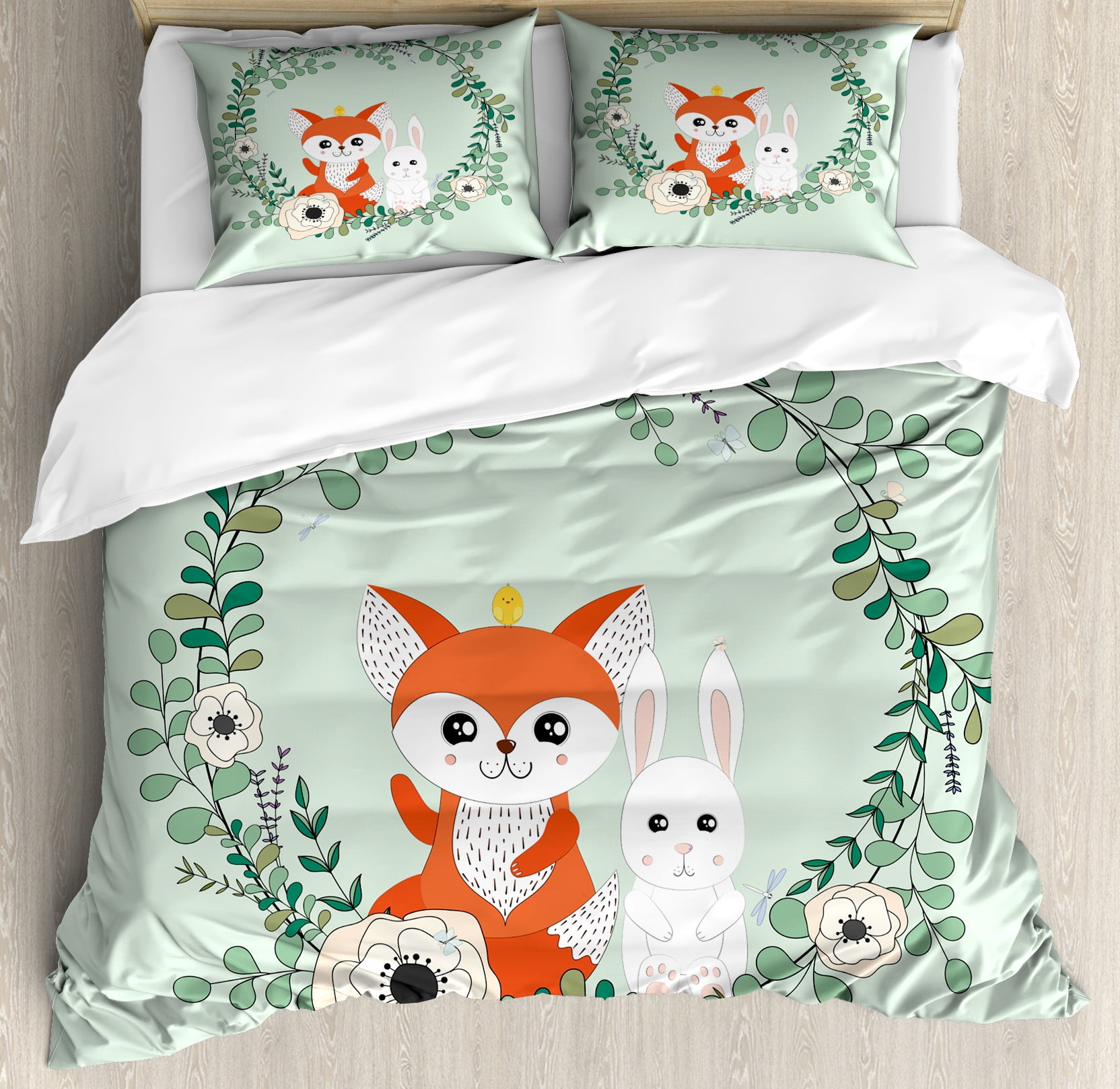 Cartoon Animal Duvet Cover Set, Spring Friends Rabbit and Fox Floral ...