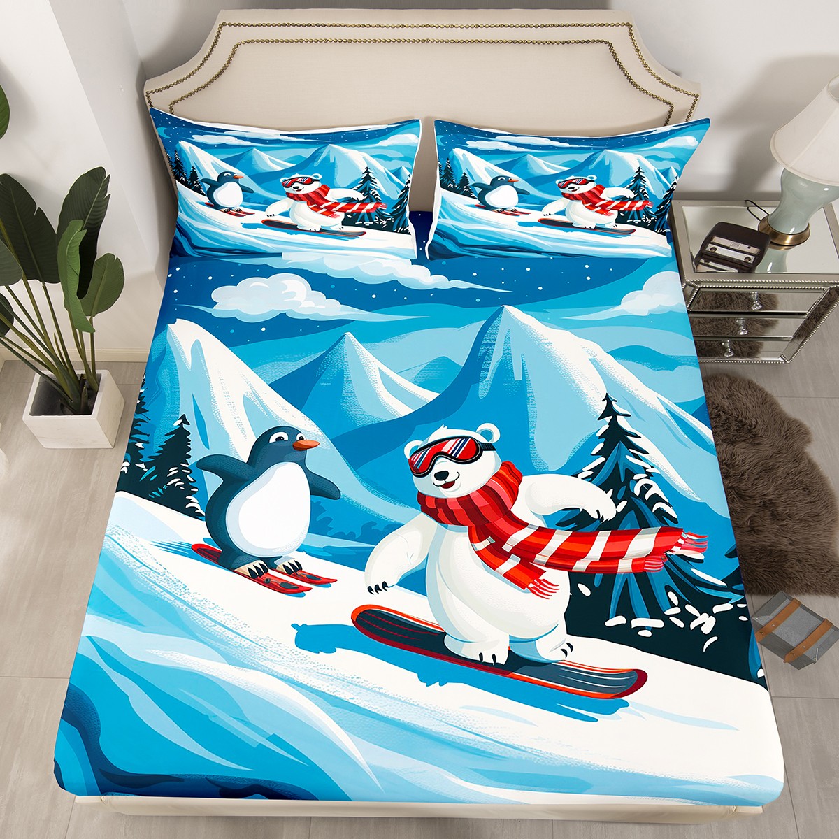 Cartoon Animal Fitted Sheet Ski Polar Bear Sheets,Skiing Penguin Bed ...