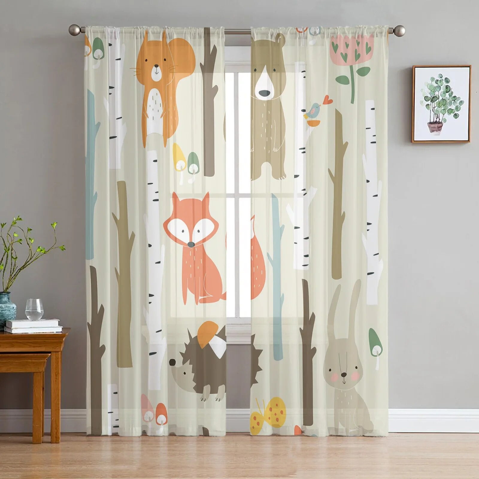Cartoon Animal Fox Orange Blue Leaves Tulle Sheer Window Curtains for ...