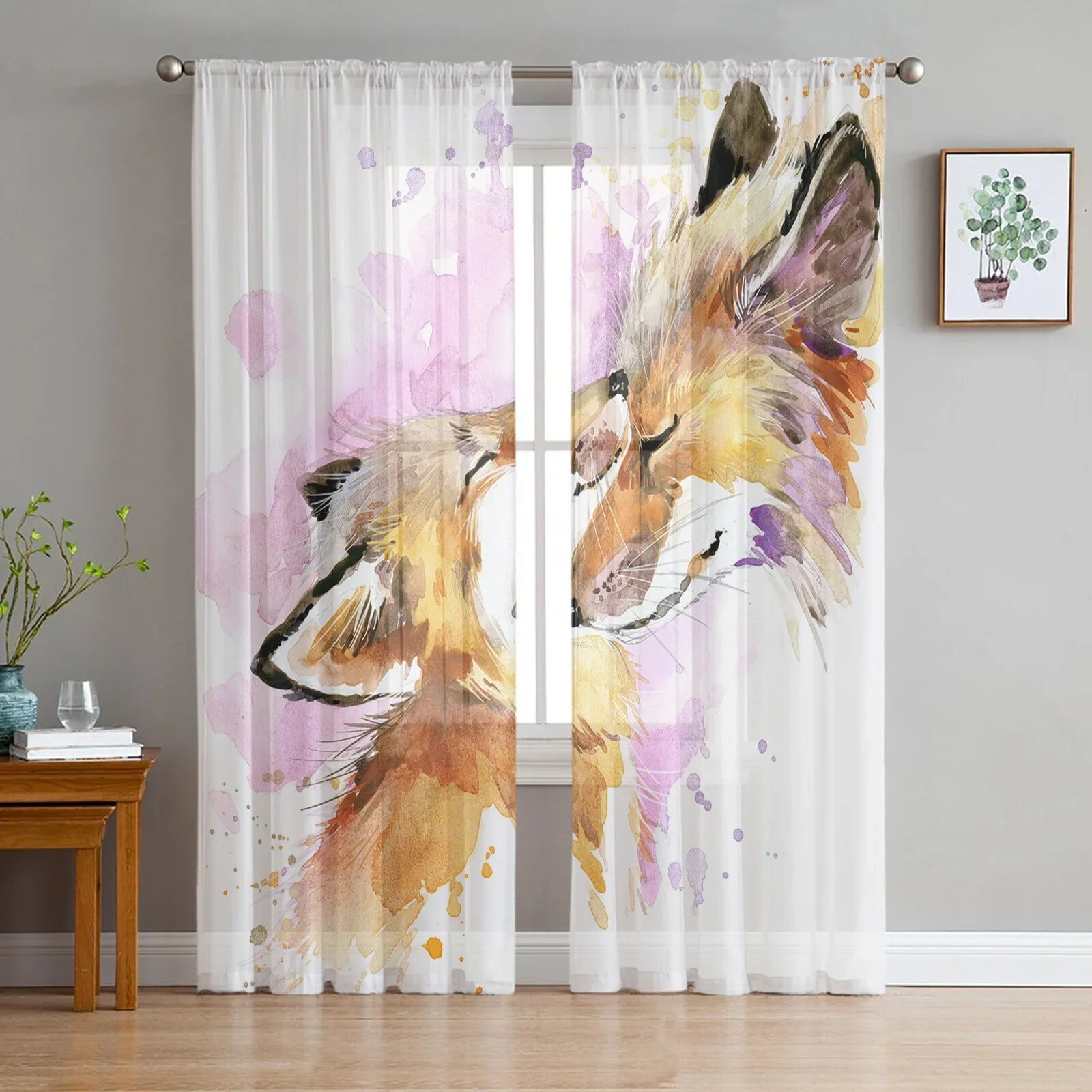 Cartoon Animal Fox Orange Blue Leaves Tulle Sheer Window Curtains for ...