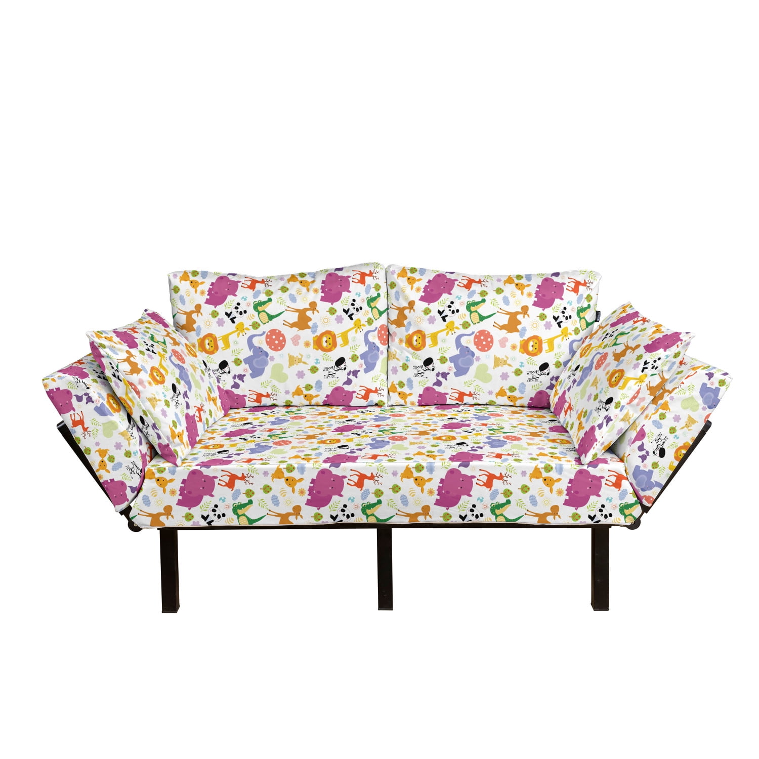 Cartoon Animal Futon Couch, Love of Nature Theme Pattern with Exotic ...