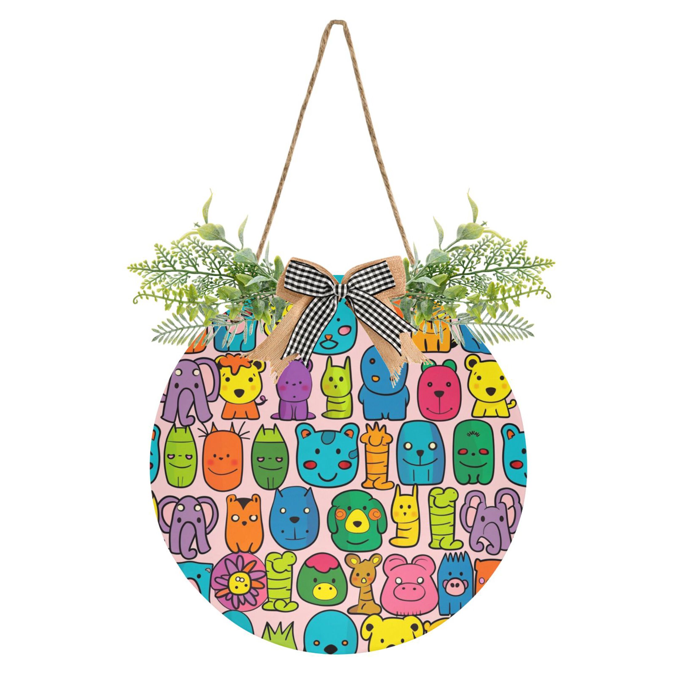 Cartoon Animal Head Welcome Front Door Sign Round 12 inch Porch Hanging ...