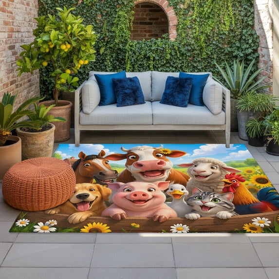 Cartoon Animal Indoor Outdoor Rugs 3x5 Ft, Cow Sheep Horse Pig Kitten ...