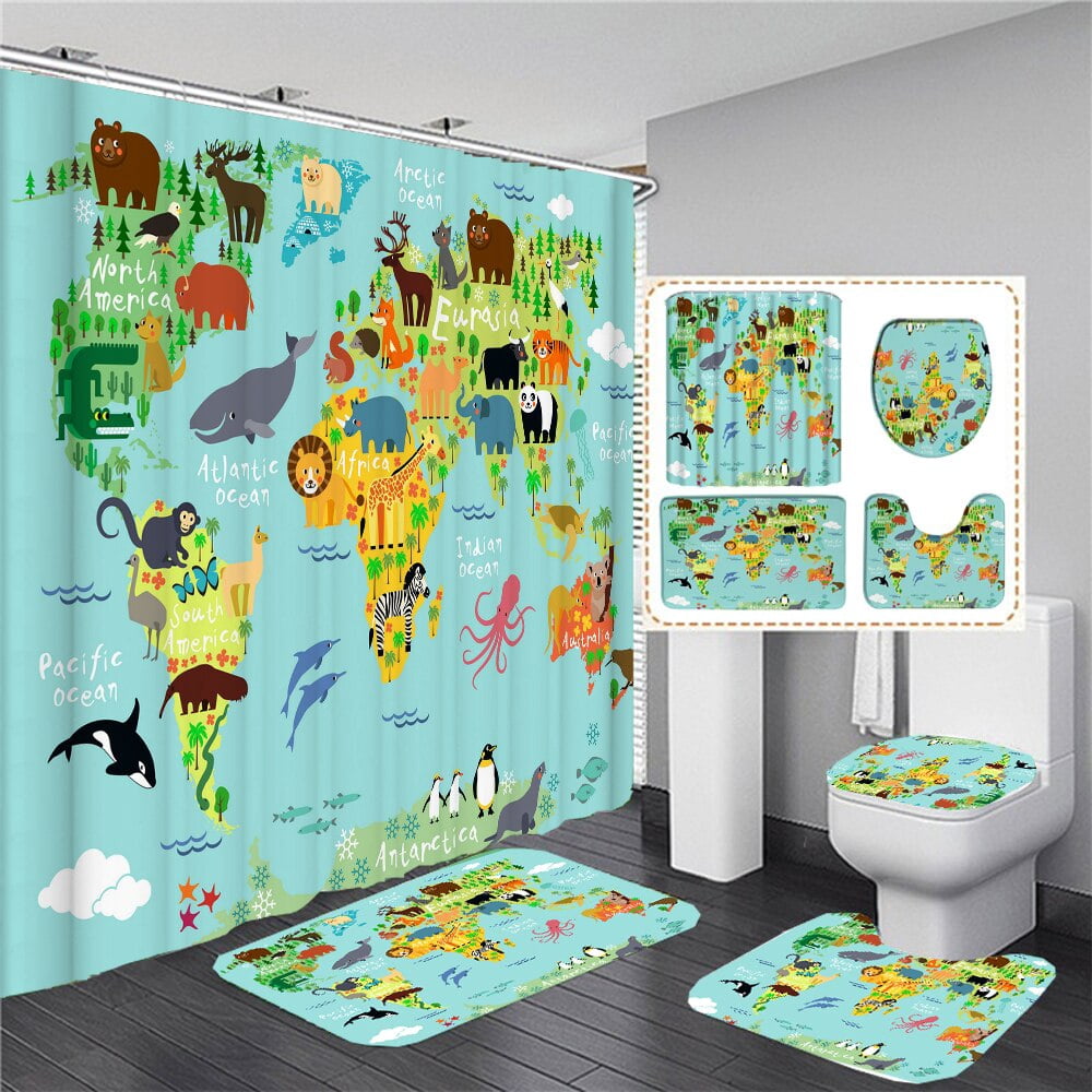 Cartoon Animal Map Printed Shower Curtain Set for Bathroom Decor Toilet ...