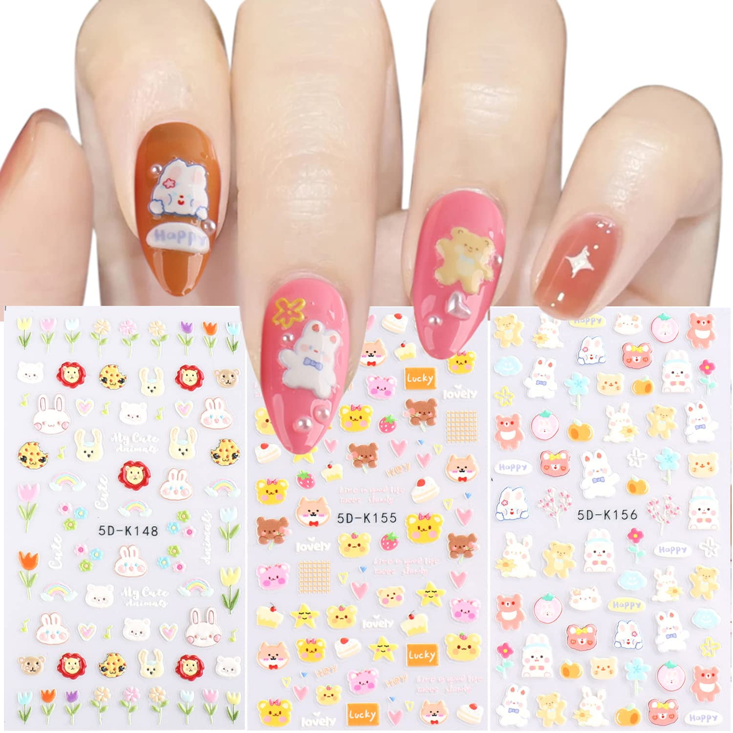 Cartoon Animal Nail Art Stickers, 5D Engraved Nail Sticker Design, Cute ...