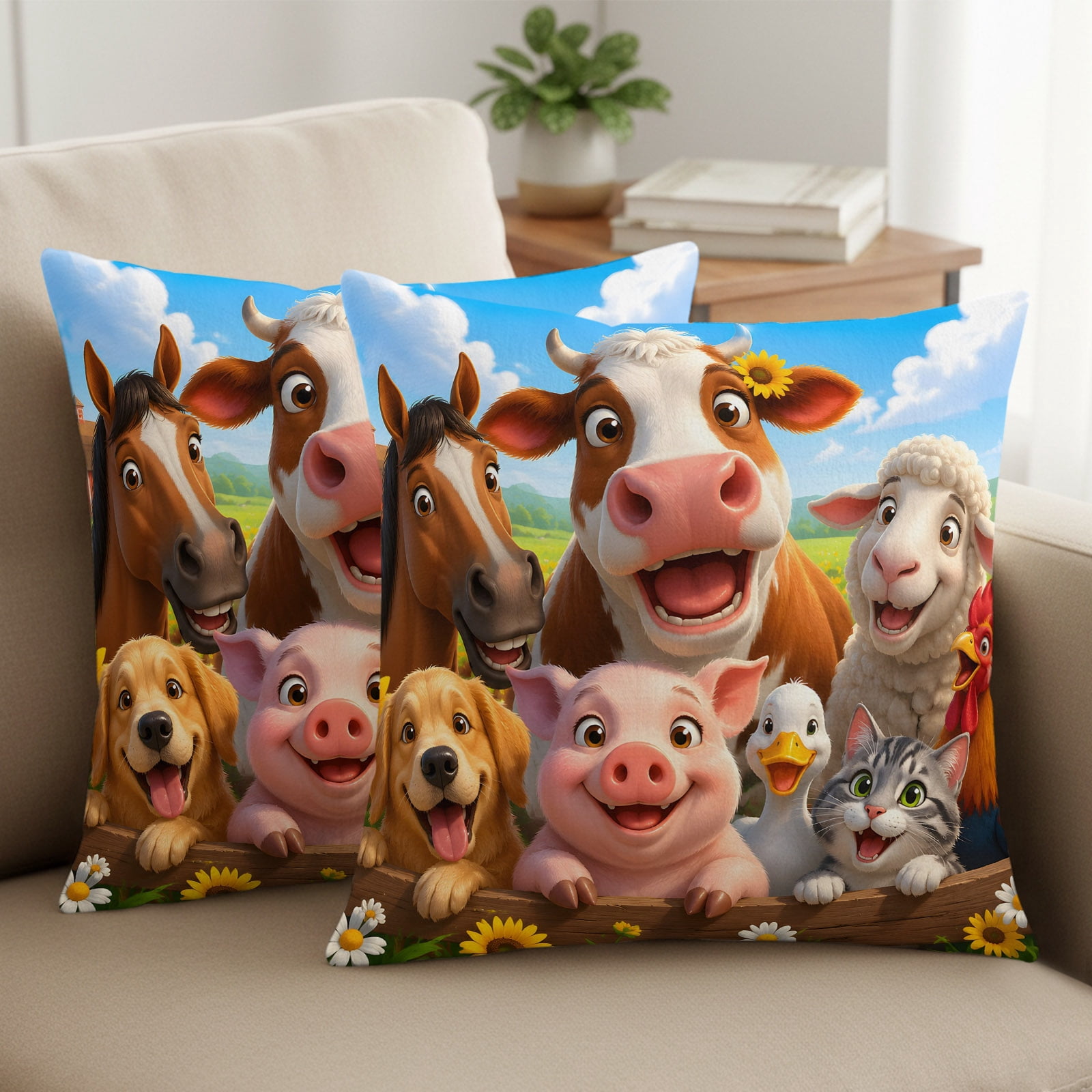 Cartoon Animal Pillow Covers Set of 2, Cow Sheep Horse Pig Kitten ...