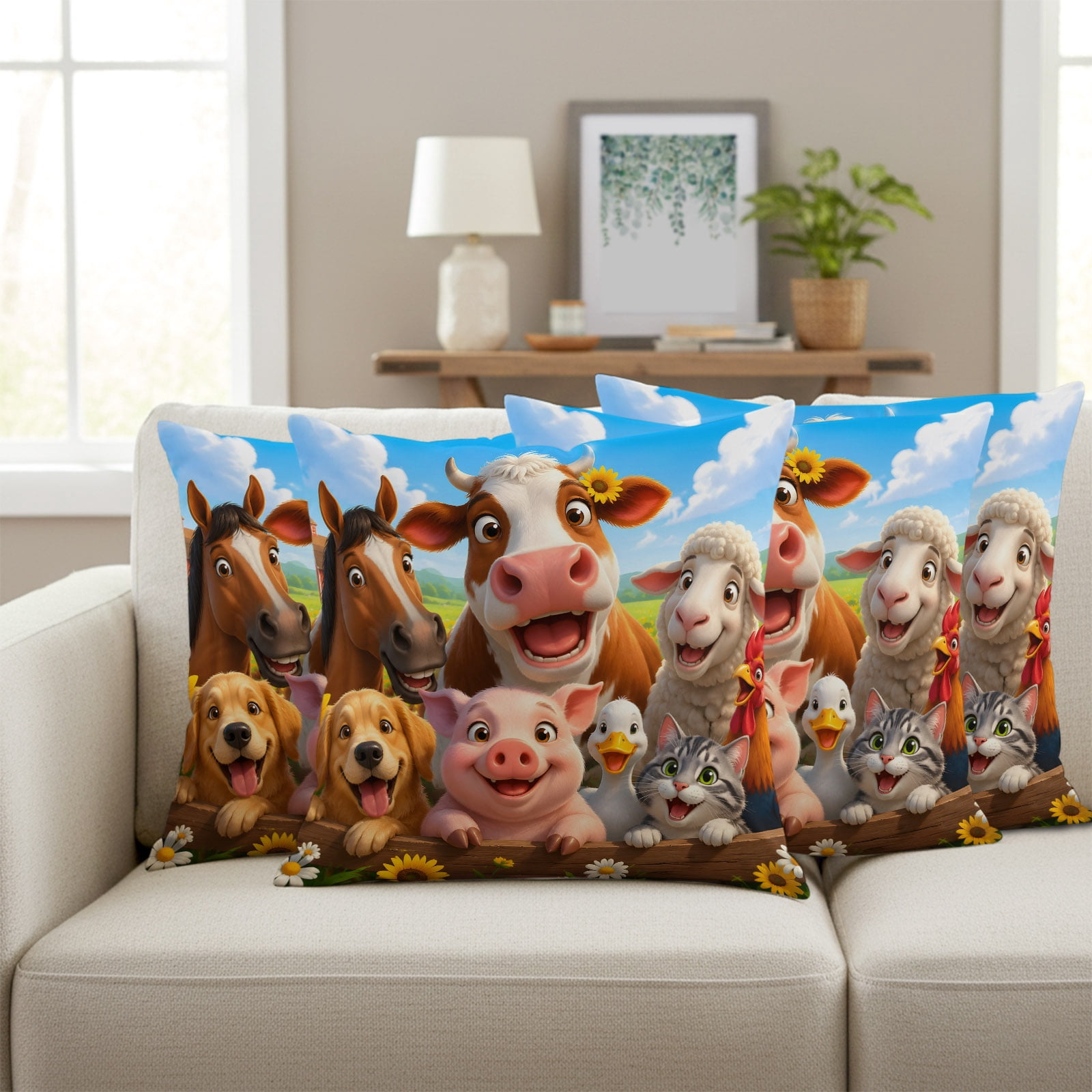 Cartoon Animal Pillow Covers Set of 4, Cow Sheep Horse Pig Kitten ...