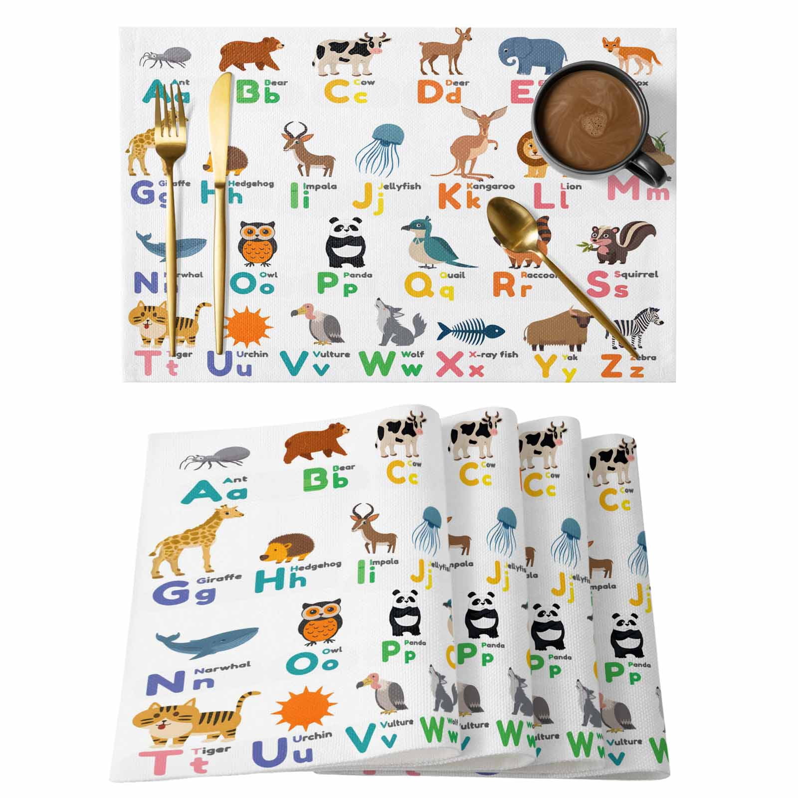 Cartoon Animal Placemats Set of 12, Funny Cute Tiger Giraffe Lion ...
