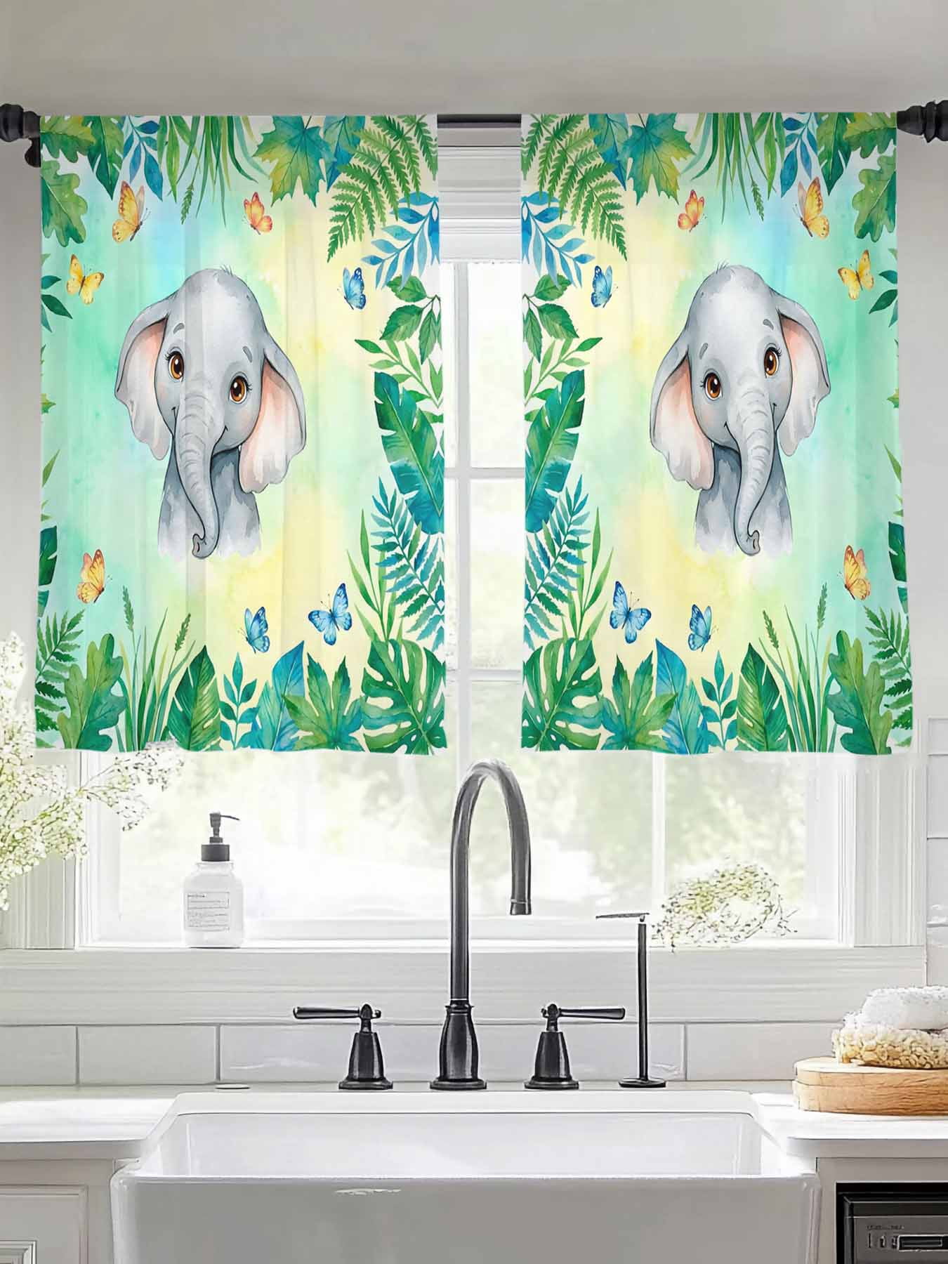 Cartoon Animal Print Elephants Chiffon Sheer Curtains 45 Inches Long ...