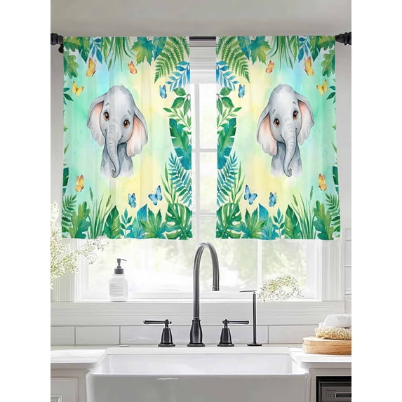 Cartoon Animal Print Elephants Chiffon Sheer Curtains 45 Inches Long ...