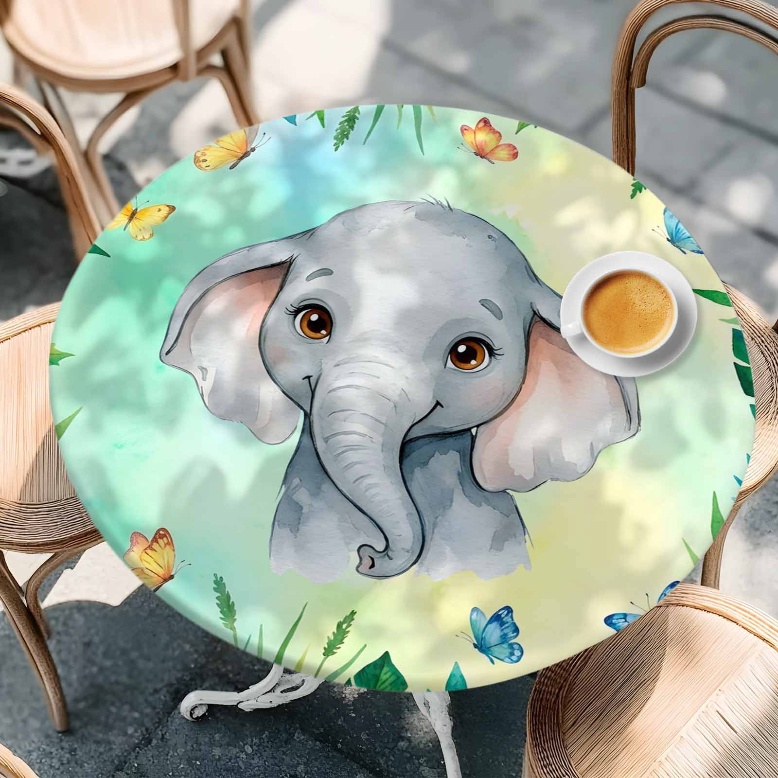 Cartoon Animal Print Elephants Round Fitted Tablecloth with Elastic ...