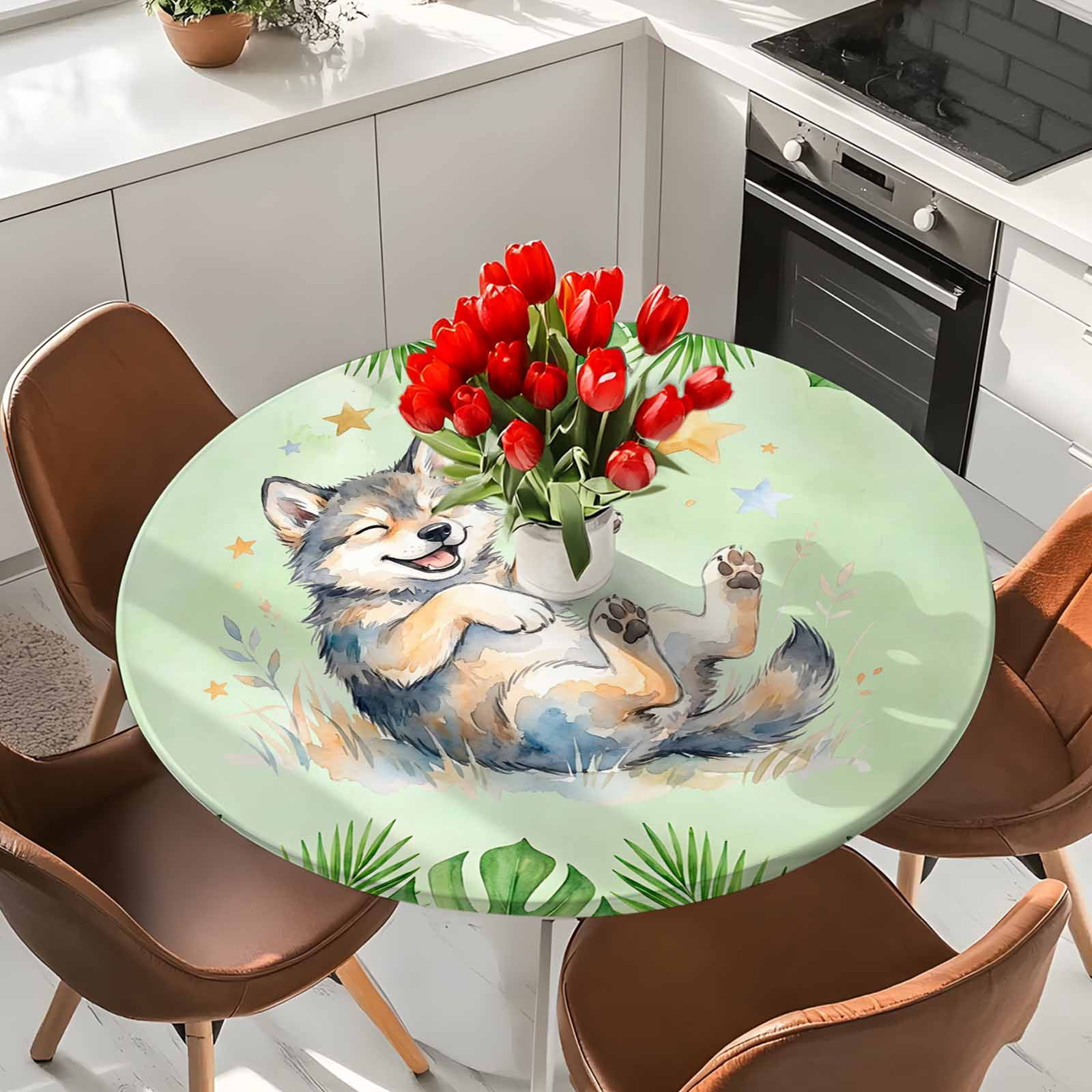 Cartoon Animal Print Little Wolves Round Fitted Tablecloth with Elastic ...