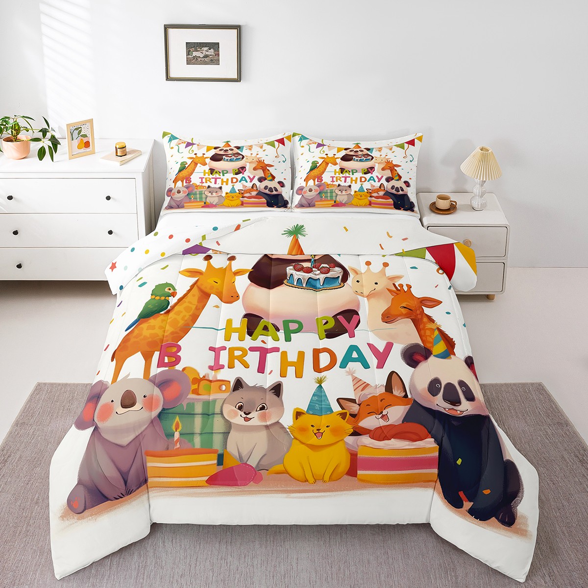 Cartoon Animal Print Queen Comforter Set,Birthday Theme Bedding Set ...
