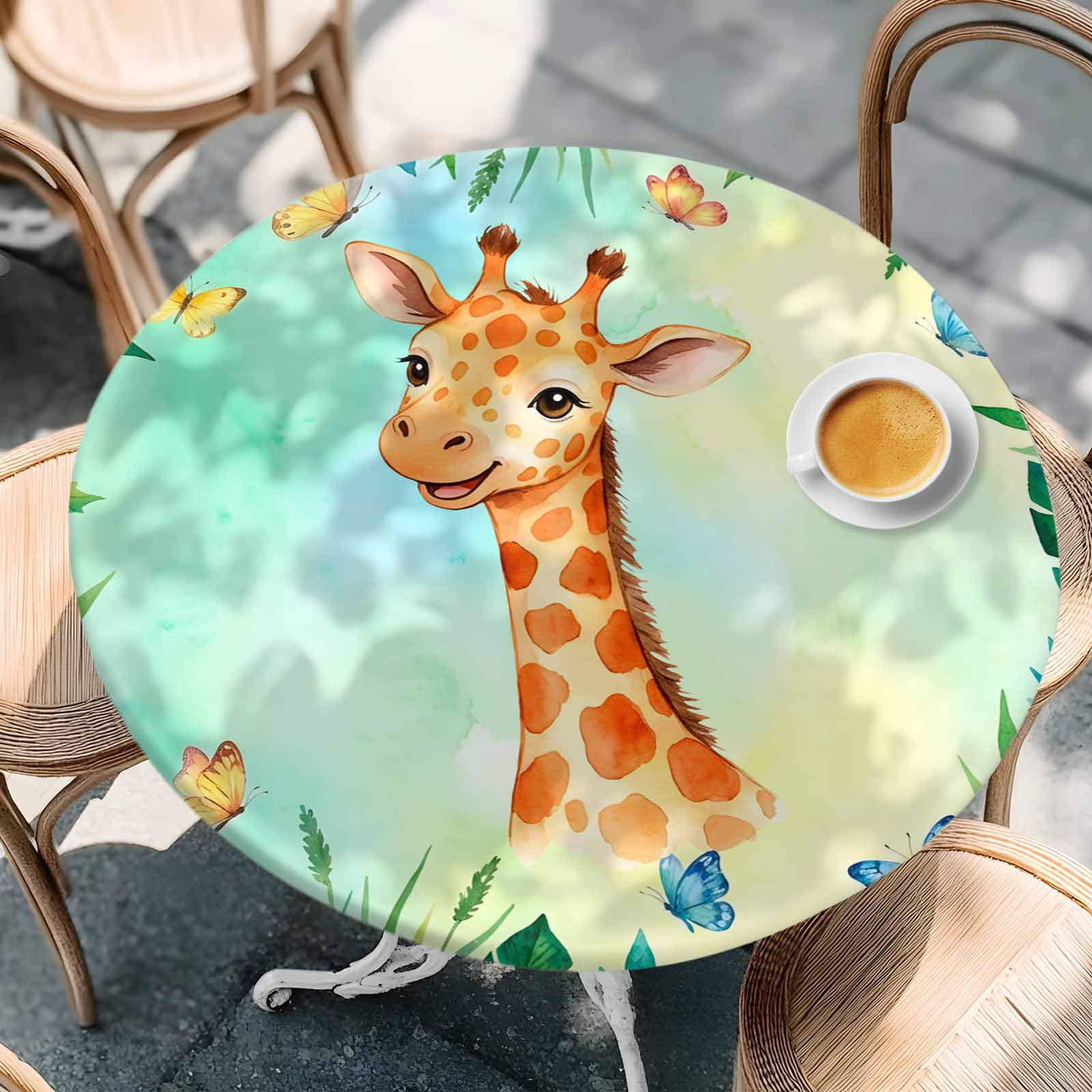 Cartoon Animal Print Small Giraffes Round Fitted Tablecloth with ...