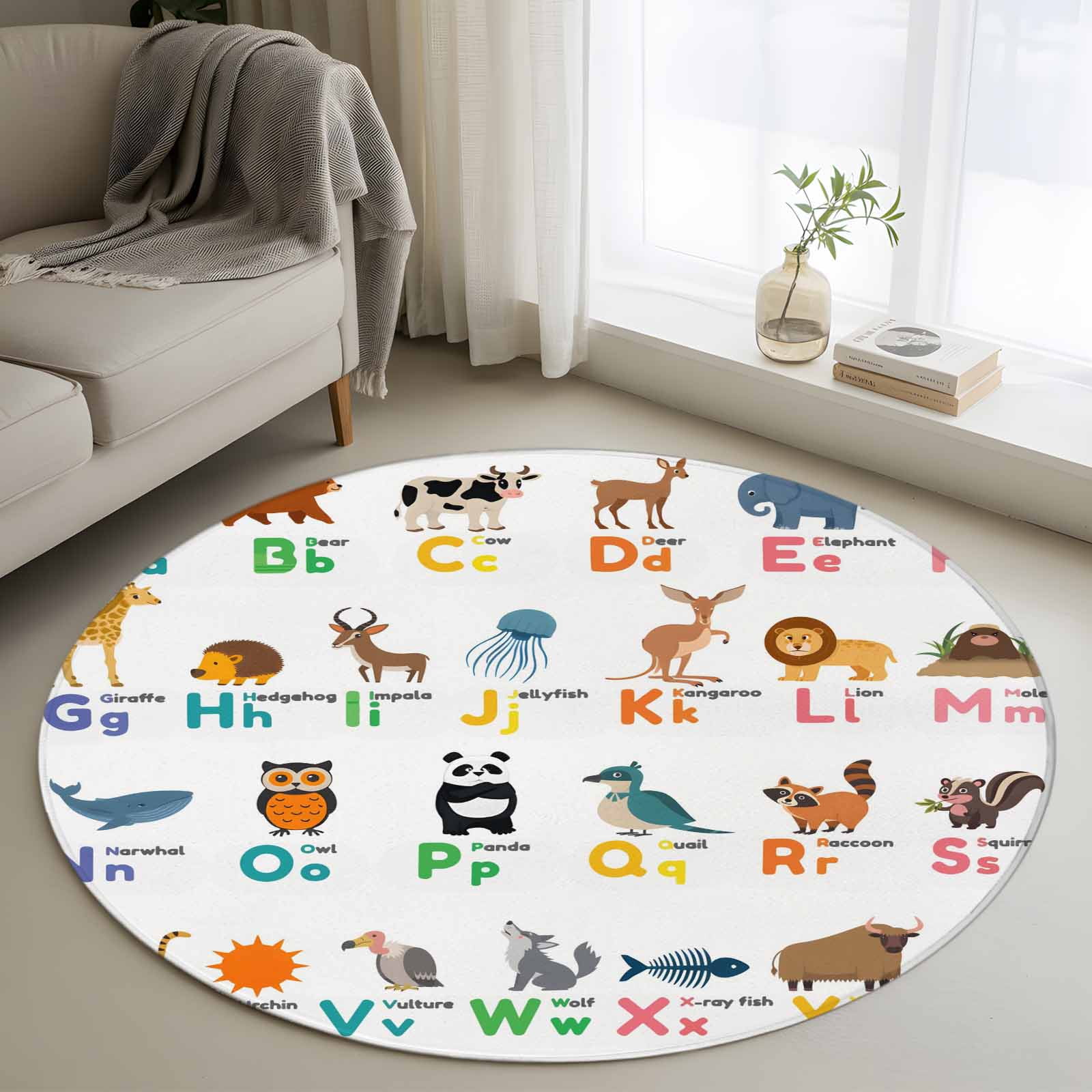 Cartoon Animal Round Area Rug 3.3Ft Washable Circle Rugs for Dining ...