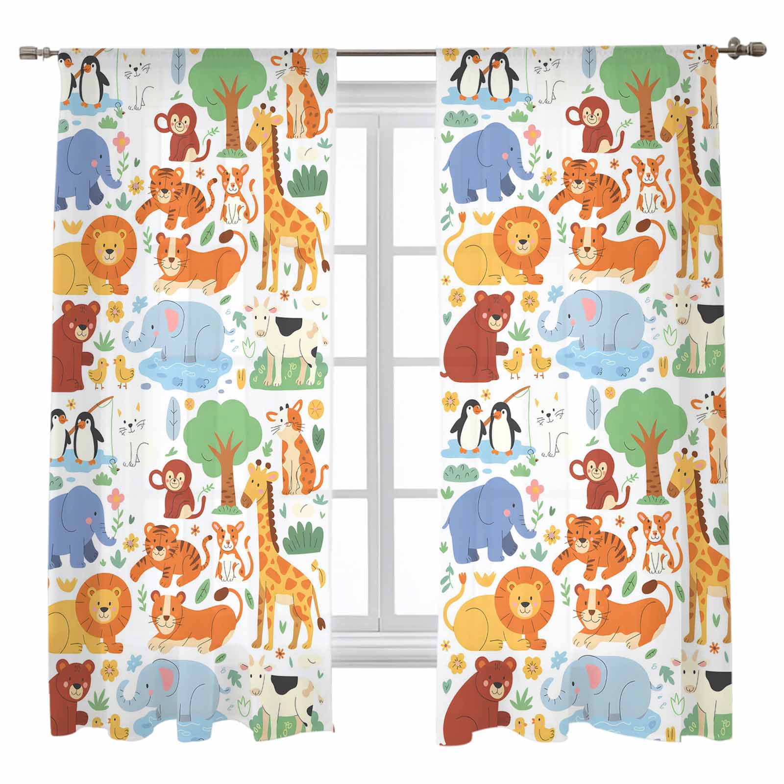 Cartoon Animal Sheer Curtains 63 inches Long, Tiger Lion Elephant ...