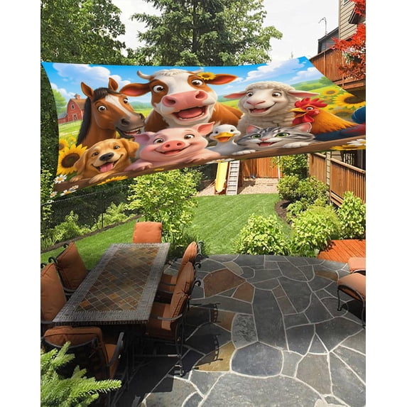 Cartoon Animal Sun Shade Sail 12'X16' Cow Sheep Horse Pig Kitten Rustic ...