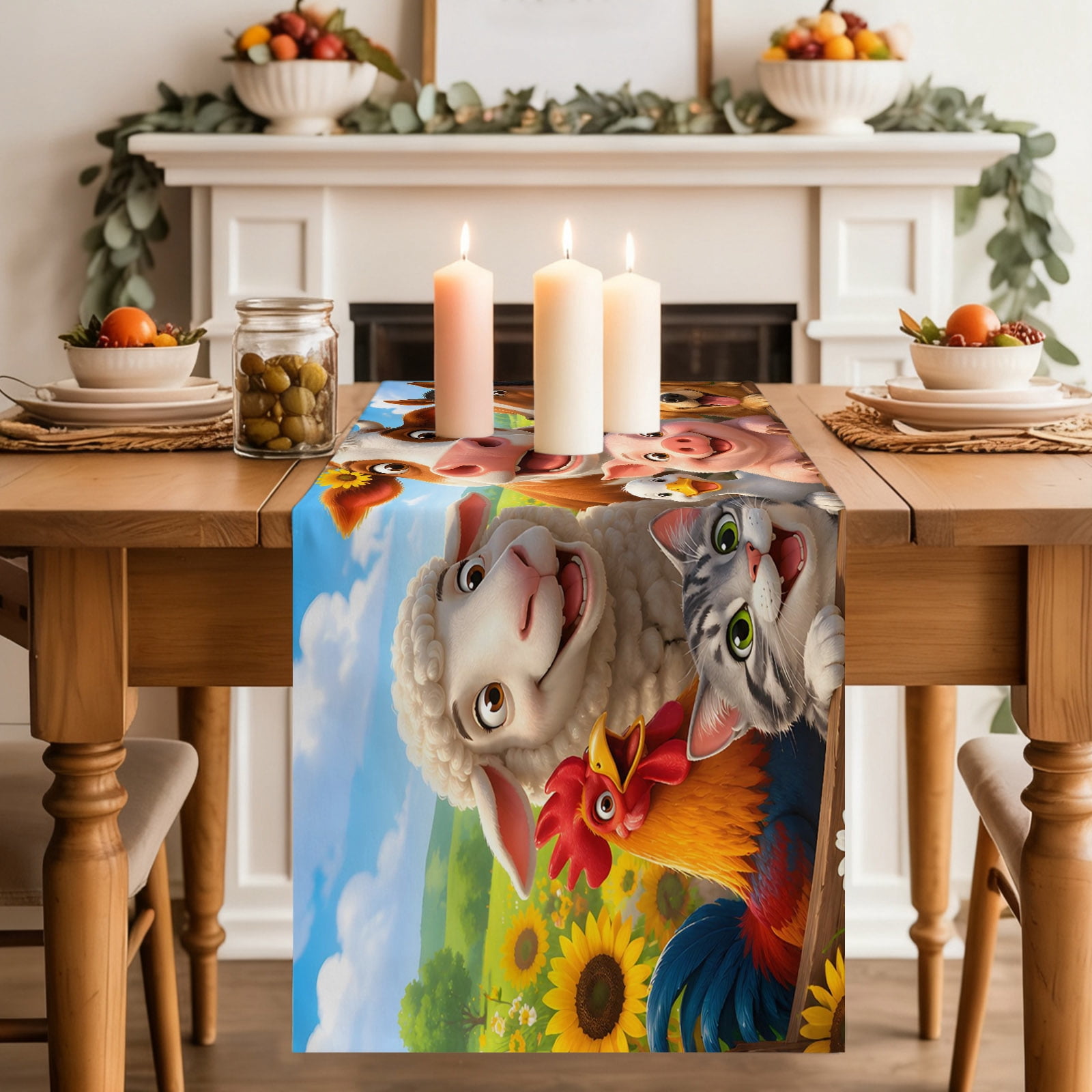 Cartoon Animal Table Runner 13x70 Inch Cow Sheep Horse Pig Kitten ...