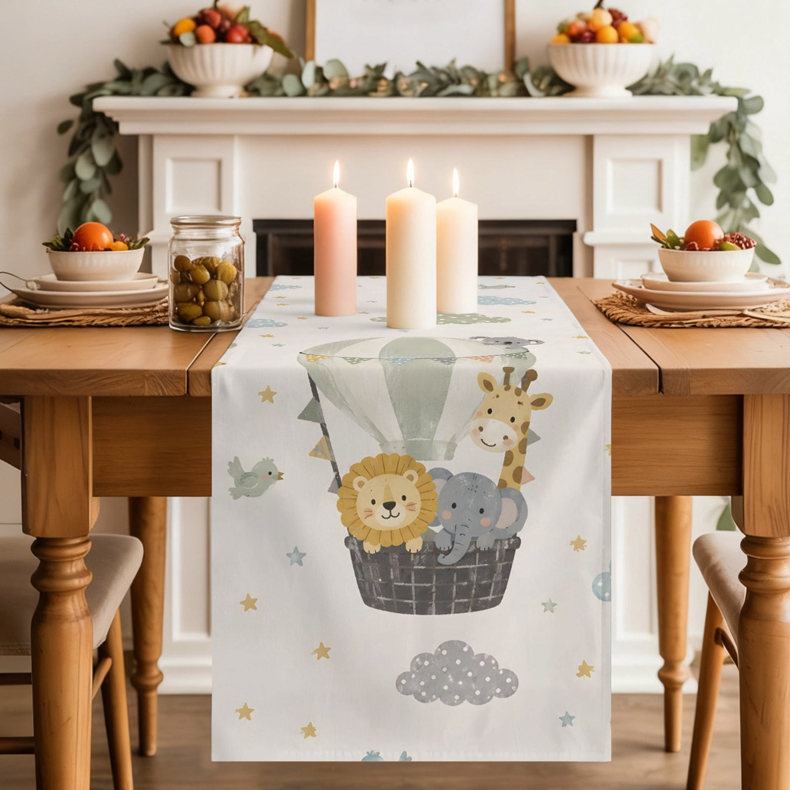 Cartoon Animal Table Runner 13x90 Inch Hot Air Balloon Lion Giraffe ...