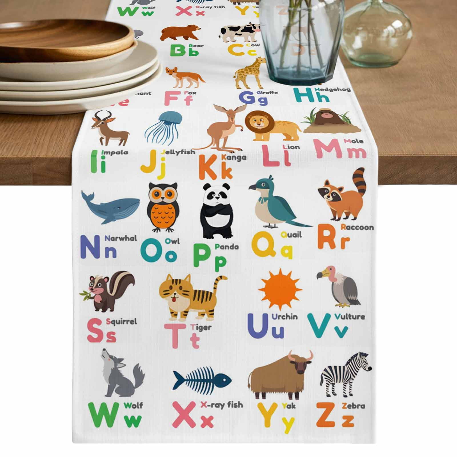 Cartoon Animal Table Runner 72 Inches, Funny Cute Tiger Giraffe Lion ...