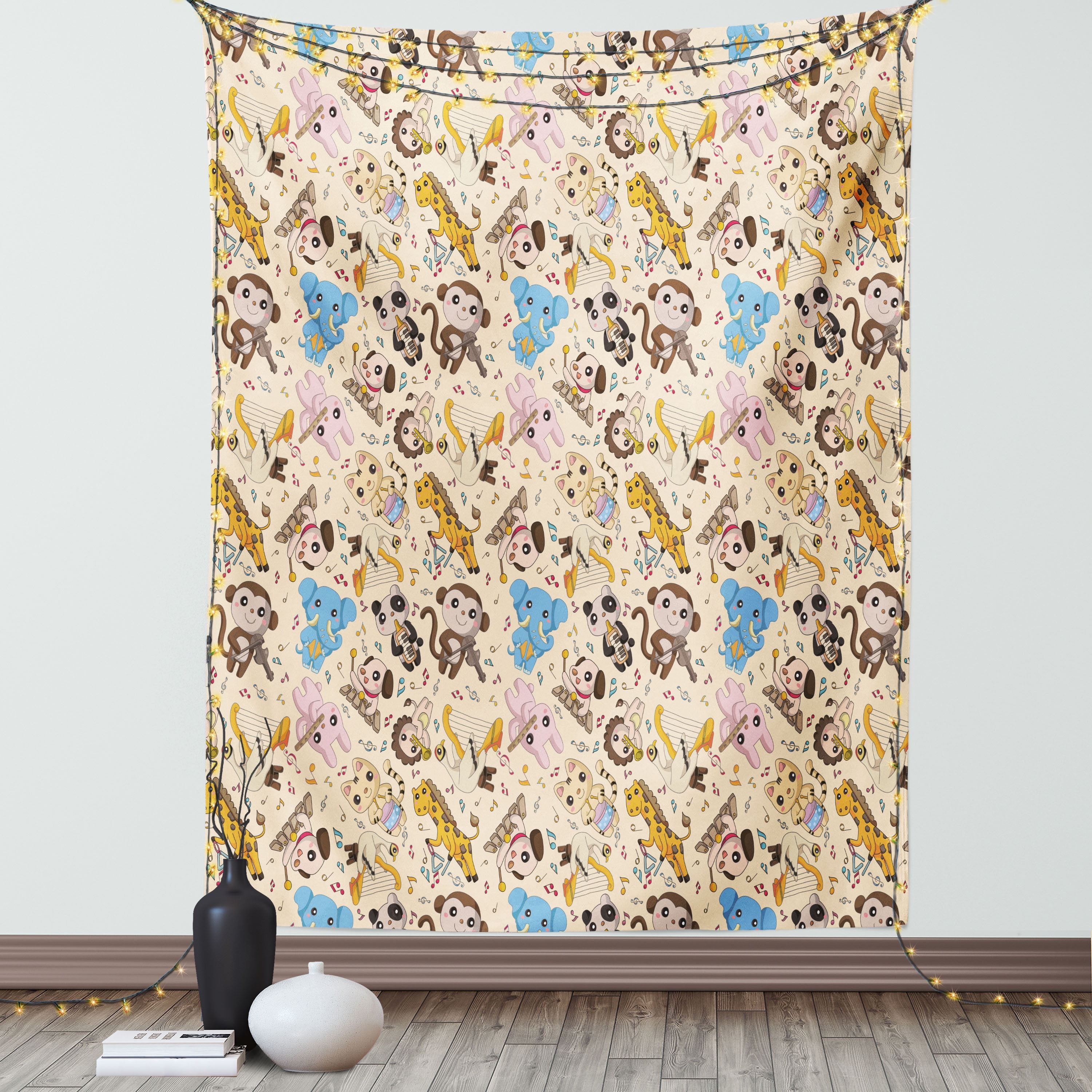 Cartoon Animal Tapestry, Musician Playful Animals Instruments Accordion ...