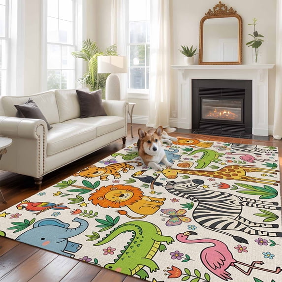Cartoon Animal Washable Area Rug 6x9 Cute Elephant Lion Giraffe Zebra ...