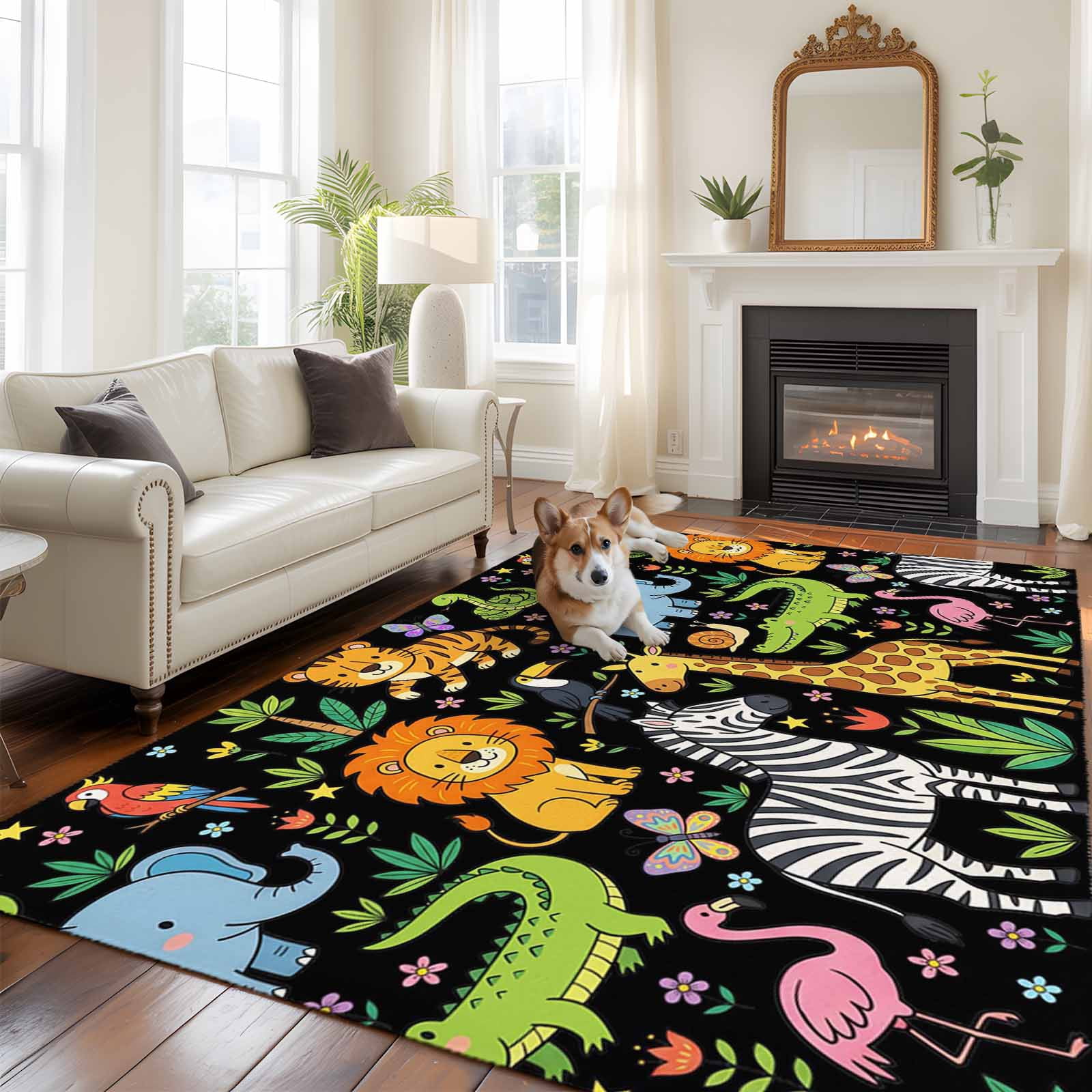 Cartoon Animal Washable Area Rug 8x10 Cute Elephant Lion Giraffe Zebra ...