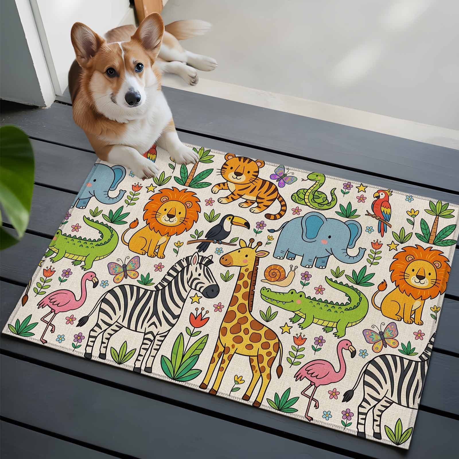 Cartoon Animal Washable Entry Rug 2x3 Cute Elephant Lion Giraffe Zebra ...
