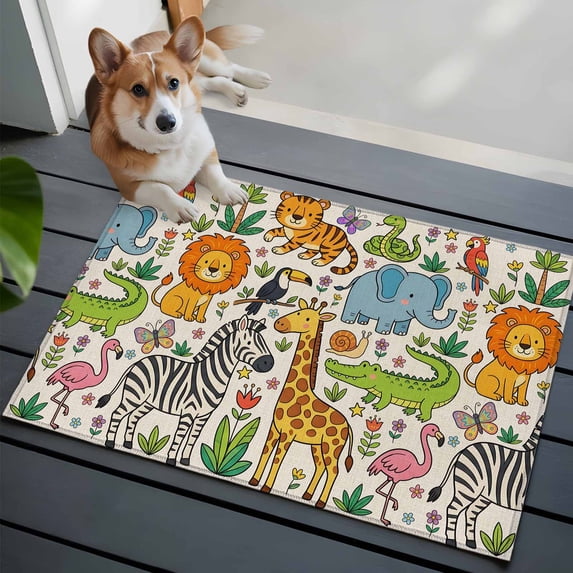 Cartoon Animal Washable Entry Rug 2x3 Cute Elephant Lion Giraffe Zebra ...
