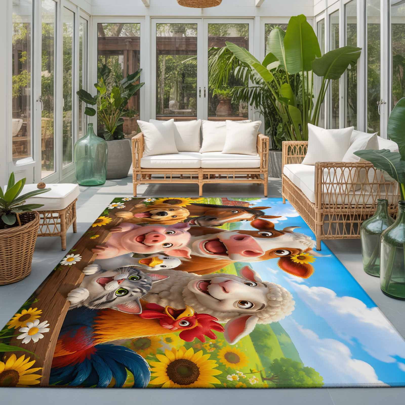 Cartoon Animal Washable Living Room Rugs 8'x10', Cow Sheep Horse Pig ...