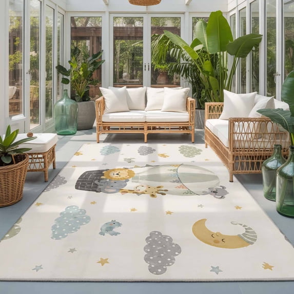 Cartoon Animal Washable Living Room Rugs 9'x12', Hot Air Balloon Lion ...