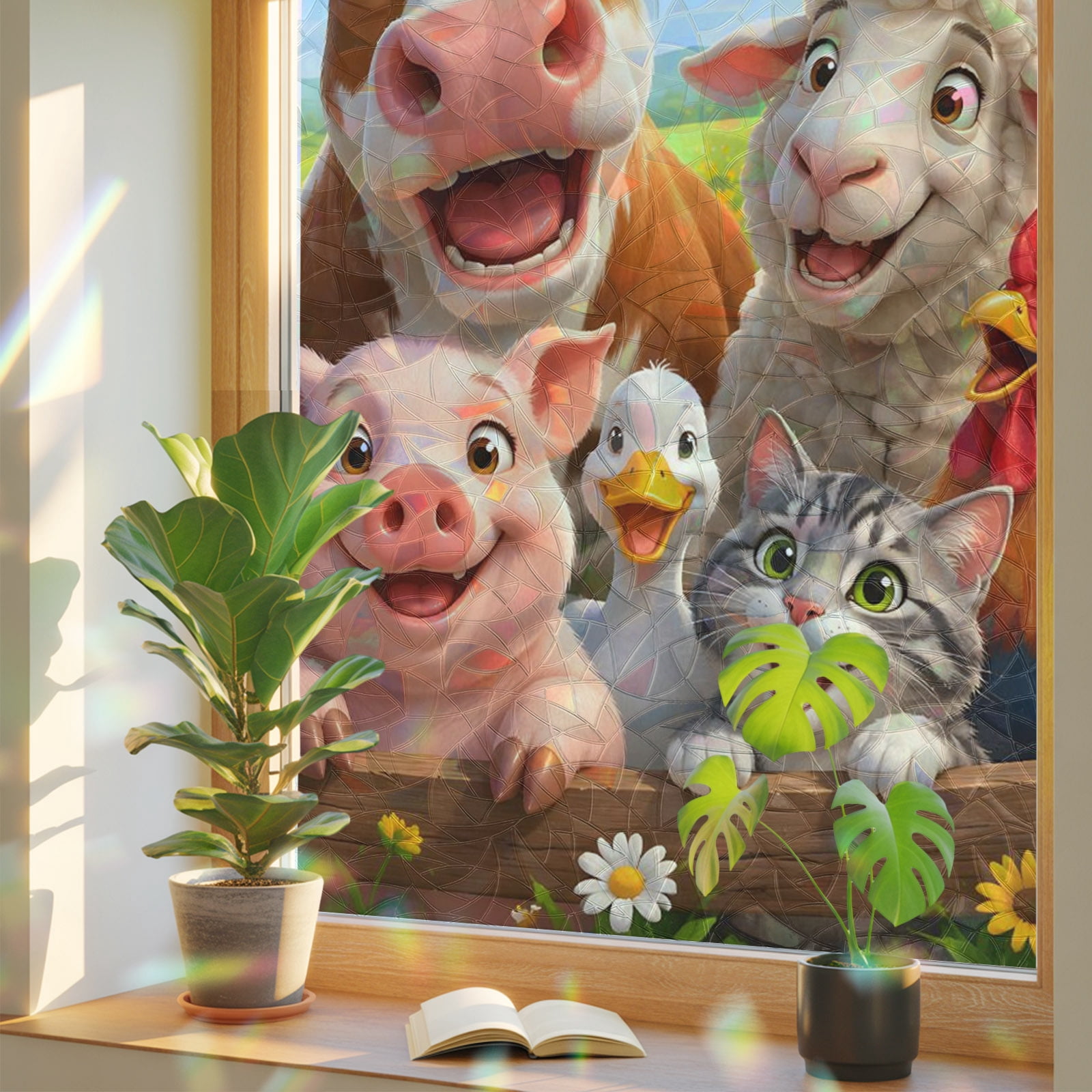Cartoon Animal Window Privacy Film, Cow Sheep Horse Pig Kitten Rustic ...