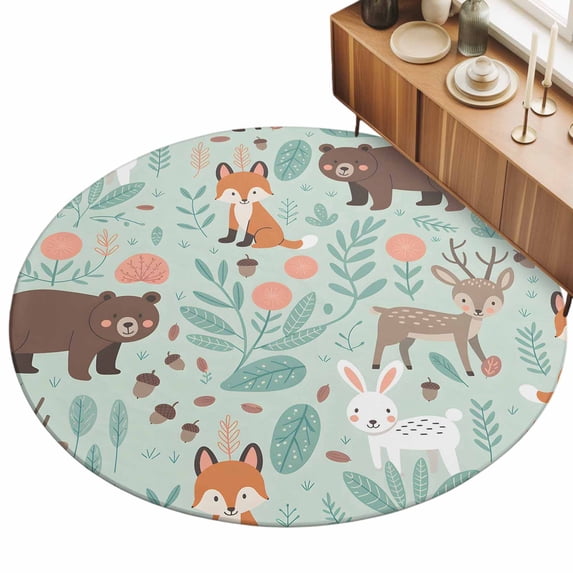 Cartoon Animals 6ft Non Slip Round Area Rug Cute Foxes Rabbits Bears ...