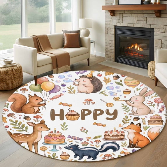Cartoon Animals 7' Round Rug for Living Room Conversation Area, Happy ...