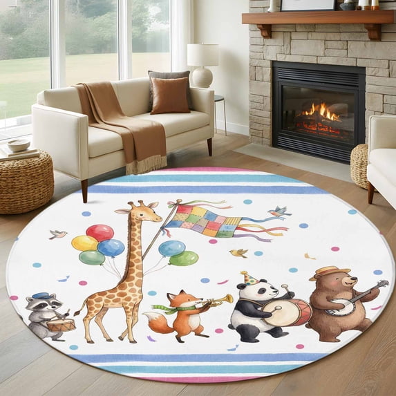 Cartoon Animals 8' Round Rug for Open Concept Living Room Seating Zone ...