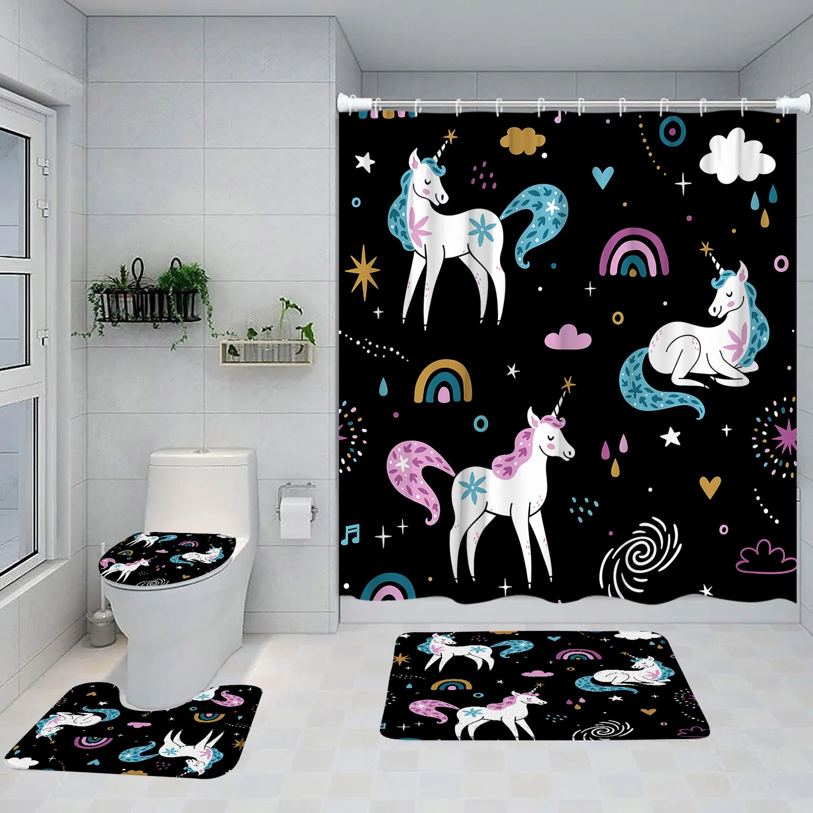 Cartoon Animals Bath Mat Set Cute Unicorns Funny Dinosaur Bathroom ...