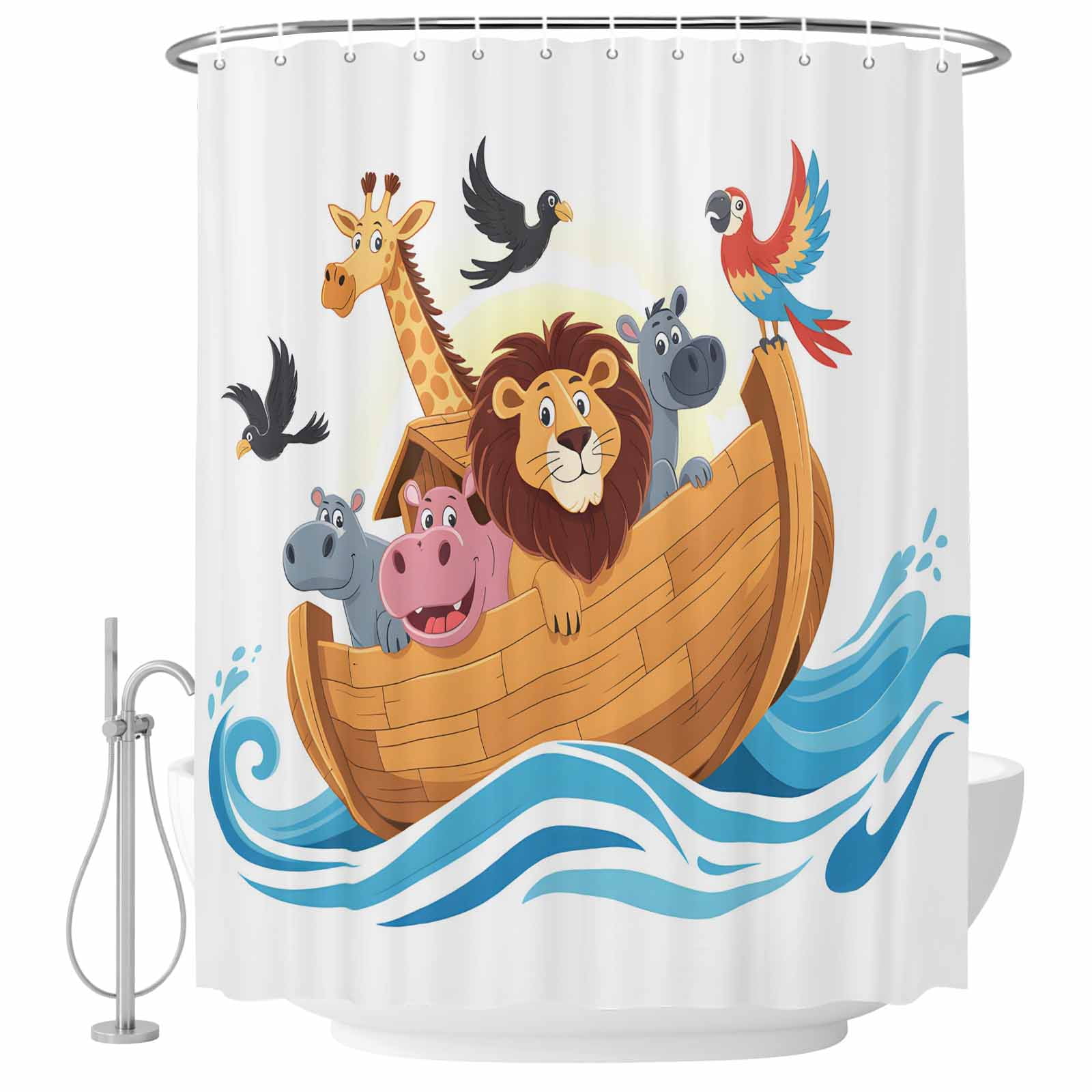 Cartoon Animals Bathroom Shower Curtains with Hooks, Lion RescueBoat in ...