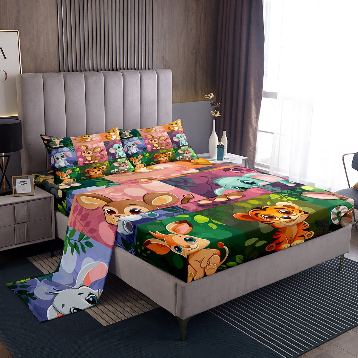 Cartoon Animals Bed Sheets Set,Plaid Grid Zoo Bedding Set,Jungle Monkey ...