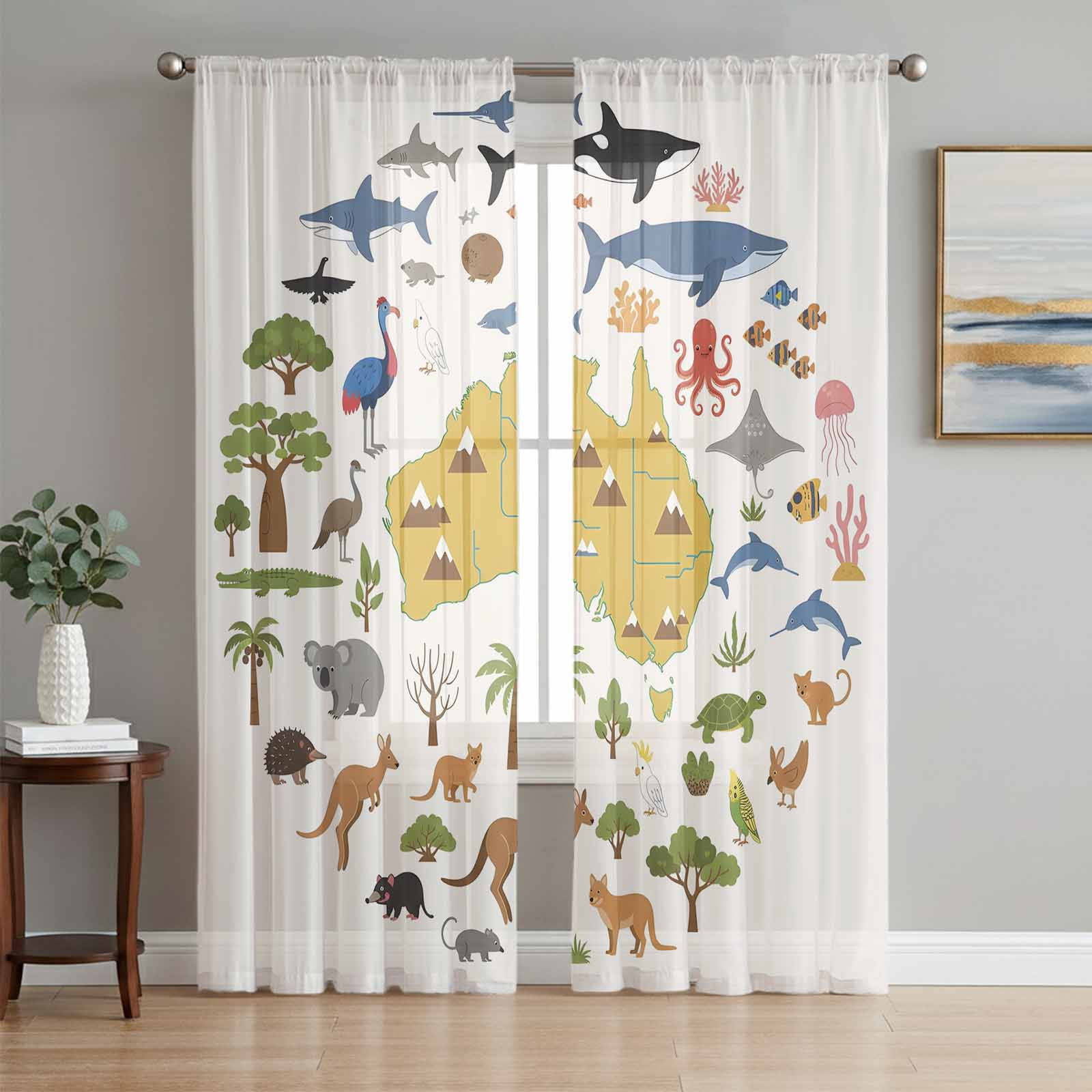 Cartoon Animals Botanical Sheer Curtains for Living Room Bedroom Palm ...