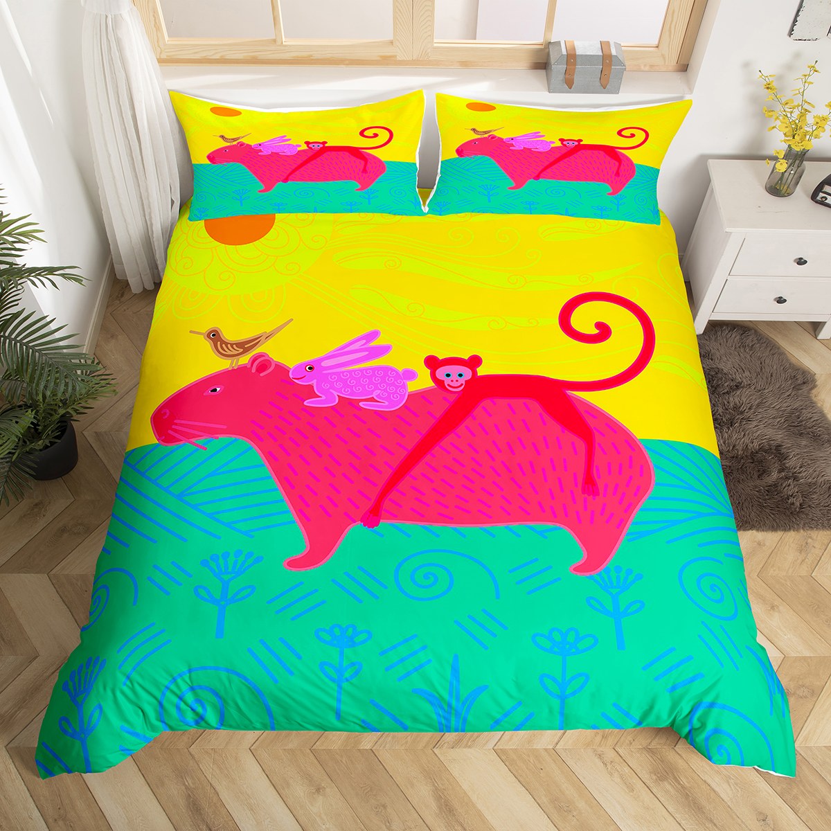 Cartoon Animals Comforter Cover King Size Funny Pink Capybara Bedding ...