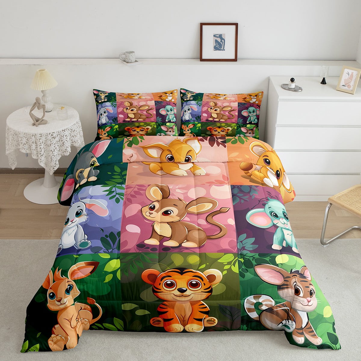 Cartoon Animals Comforter Set Full,Plaid Grid Zoo Bedding Set,Jungle ...