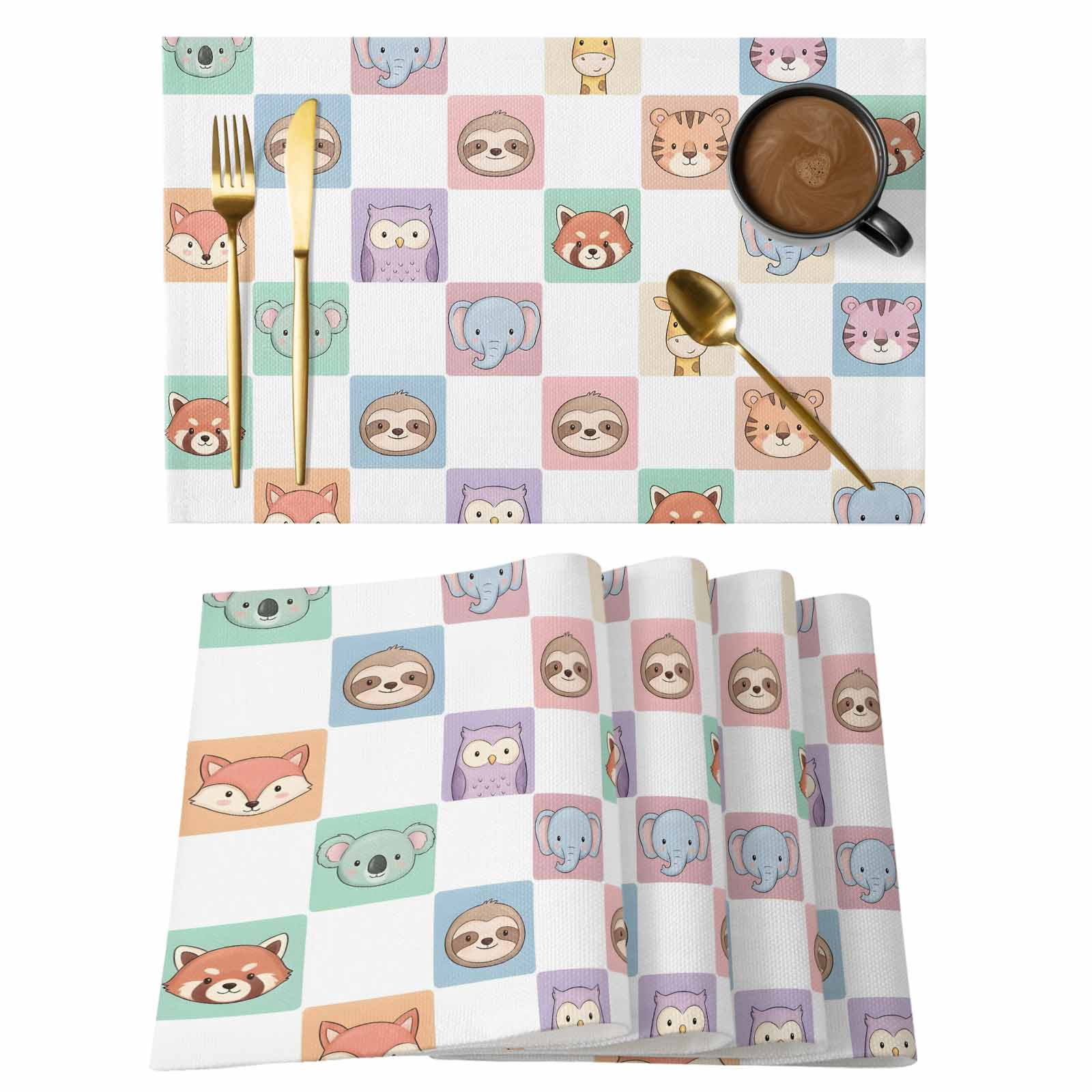 Cartoon Animals Cotton Linen Placemats Set of 12, Elephants Foxes Tiger ...