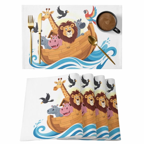 Cartoon Animals Cotton Linen Placemats Set of 12, Lion RescueBoat in ...